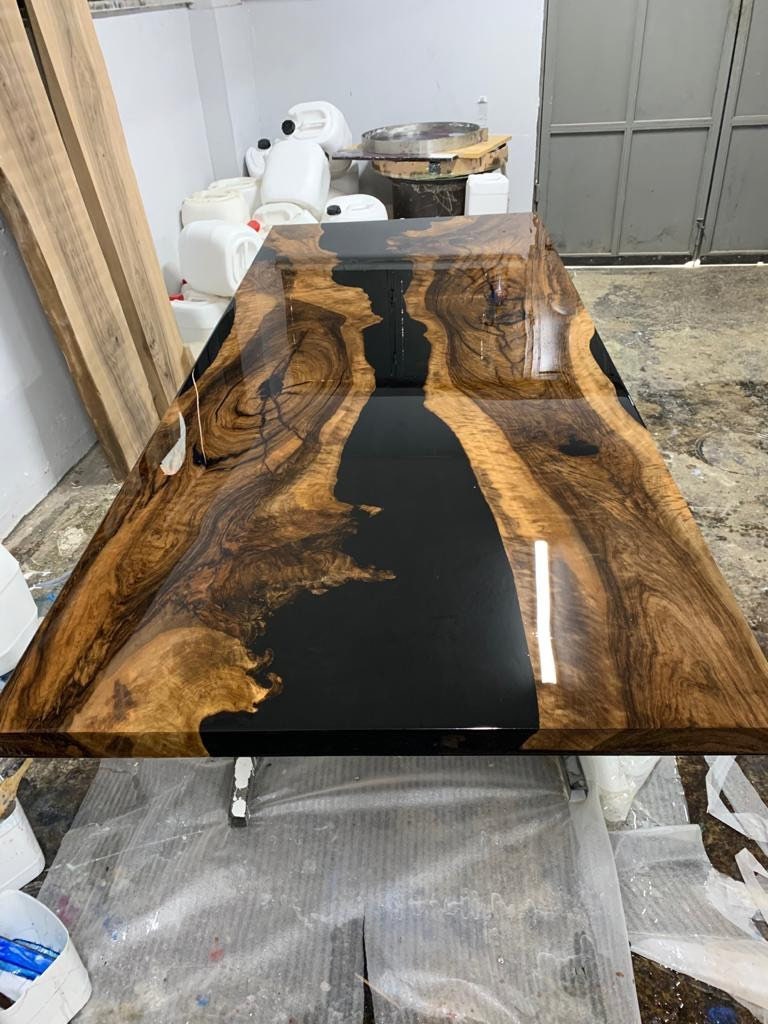 Walnut Dining Table, Custom 96” x 40” Unique Walnut Table, Black Epoxy ...
