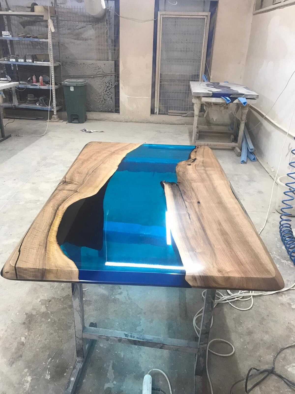 Handmade Epoxy Table, Custom 60” x 36” Walnut Sky Blue Table, Epoxy Ri ...