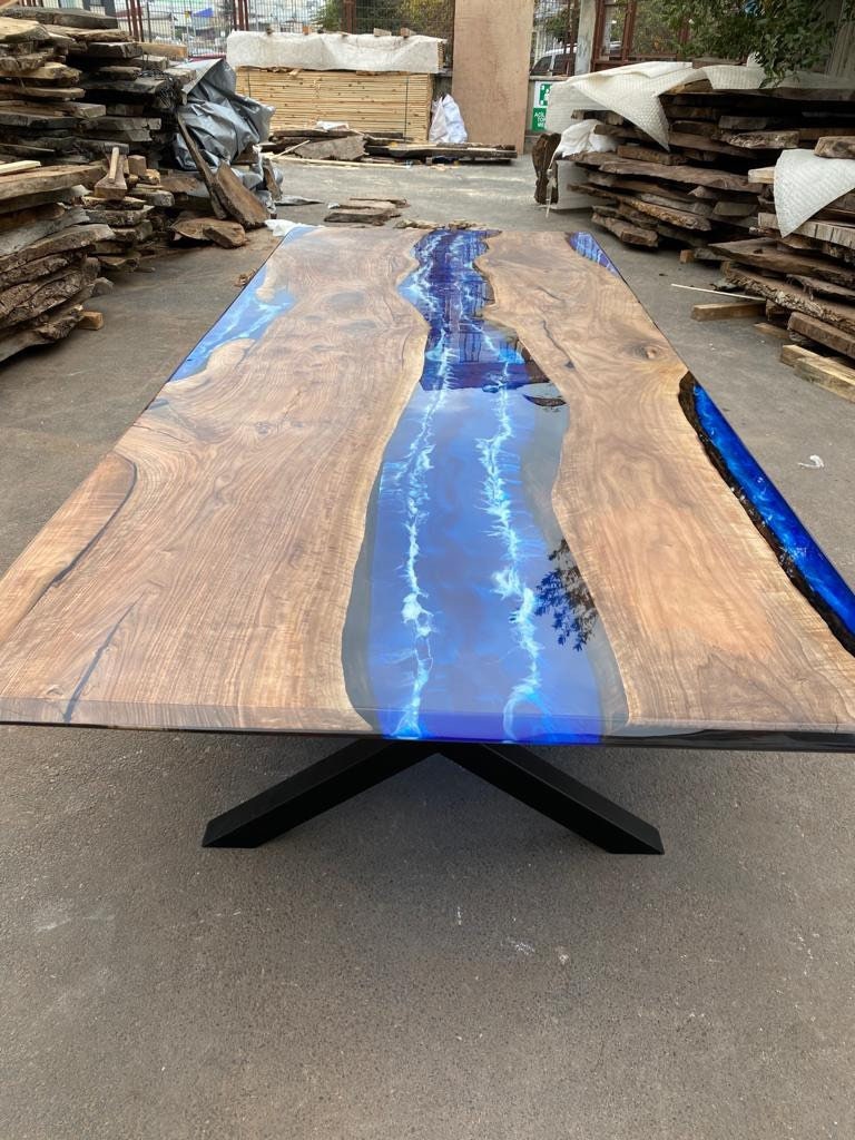 Handmade Epoxy Table, Live Edge Table, Custom 156” x 65” Walnut Blue T ...