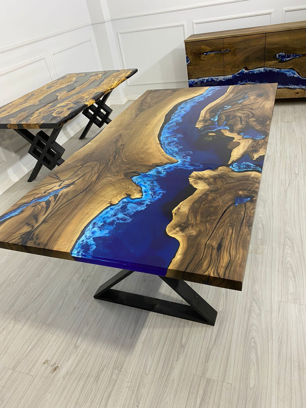 Epoxy Table, Custom 80” x 44” Walnut Blue and White Swirls Ocean Table ...