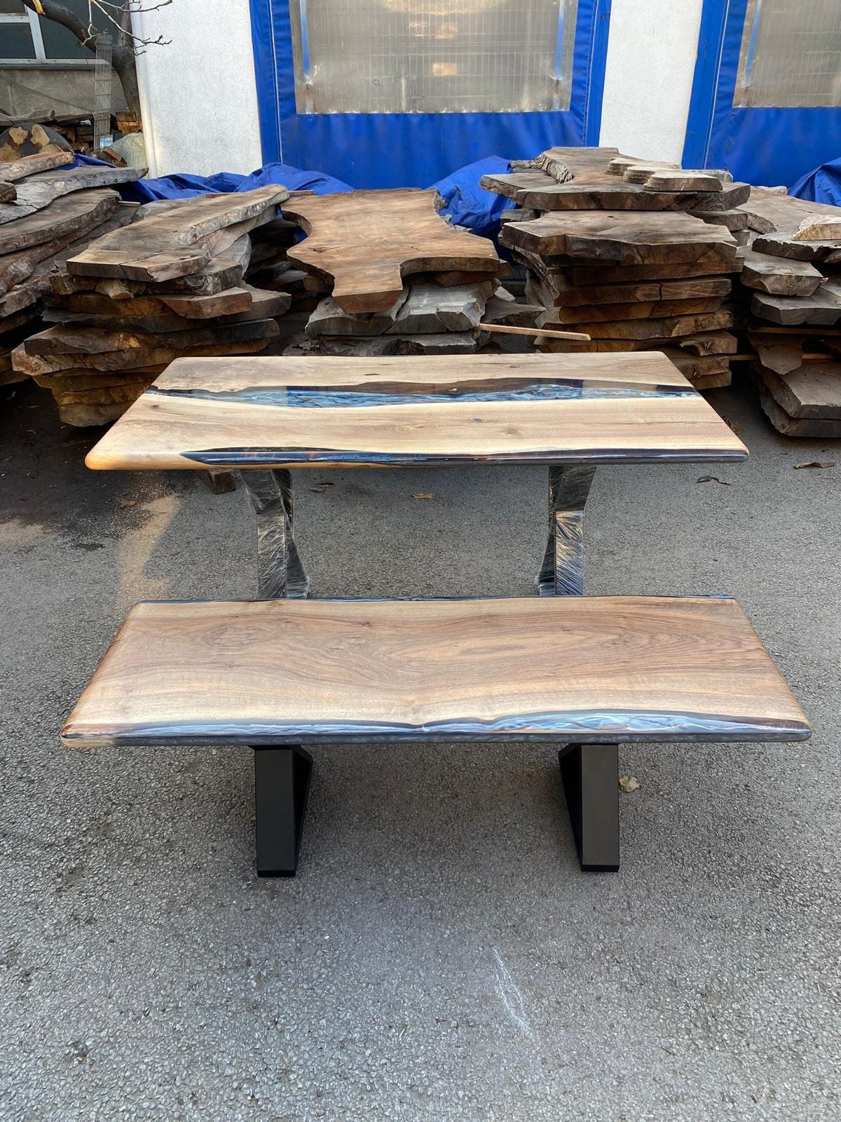 Walnut Dining Table Bench, Live Edge Epoxy Resin Bench, Custom 50” x 1 ...