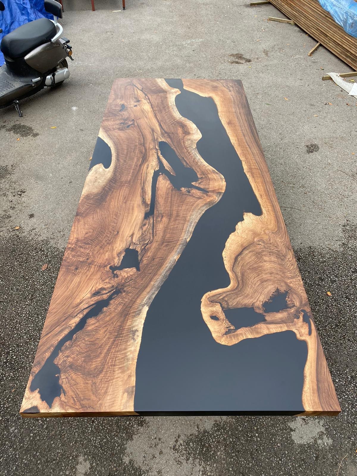 Walnut Live Edge Table, Custom 100” x 40” Walnut Matte Black Epoxy Tab ...