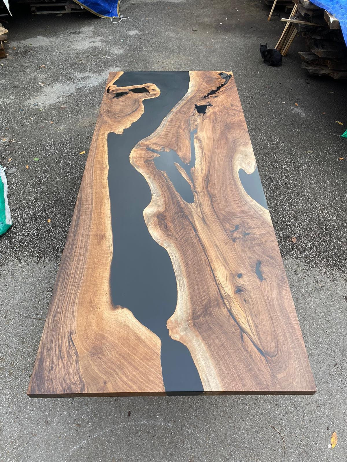 Walnut Live Edge Table, Custom 78” x 40” Walnut Matte Black Epoxy Tabl ...