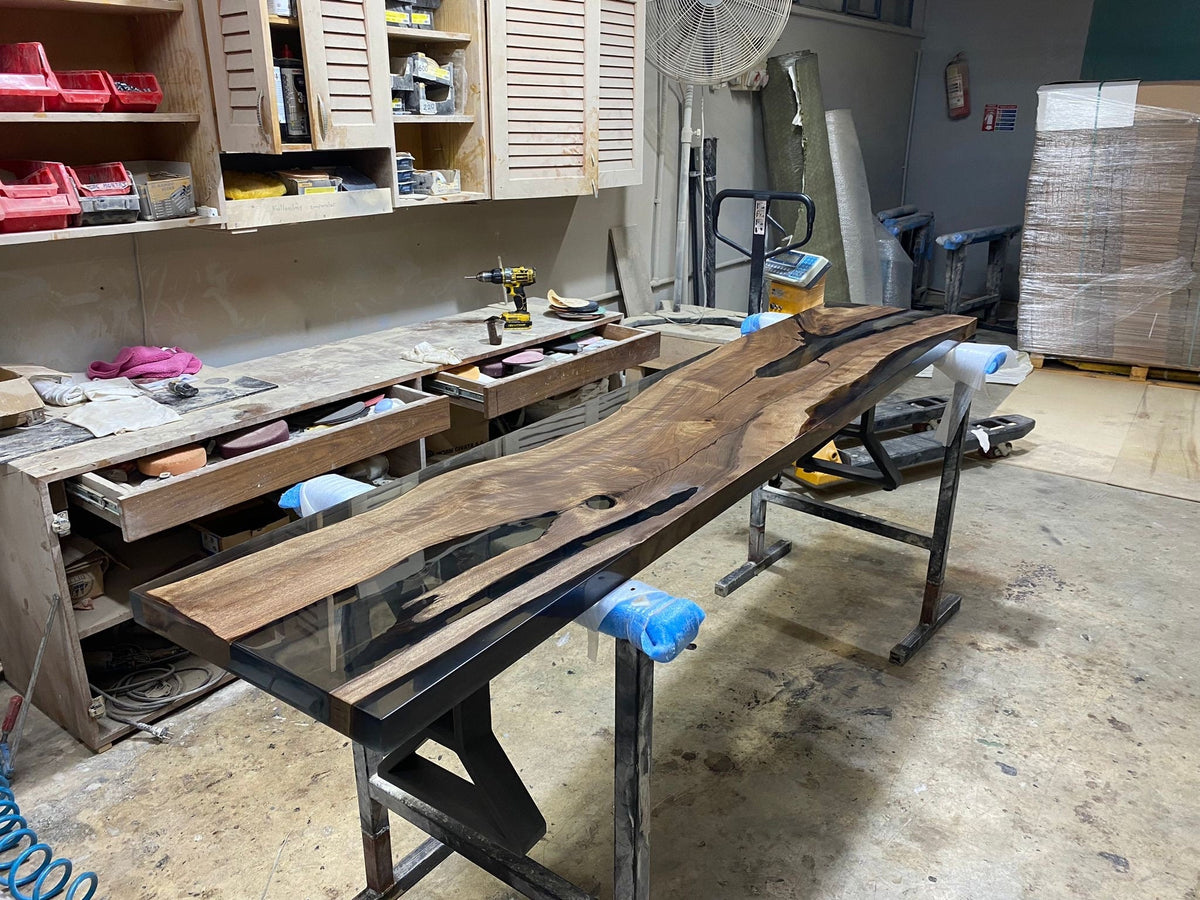 Epoxy Bench, Custom Epoxy Bench, Custom 90” x 17” Walnut Smokey Gray B ...