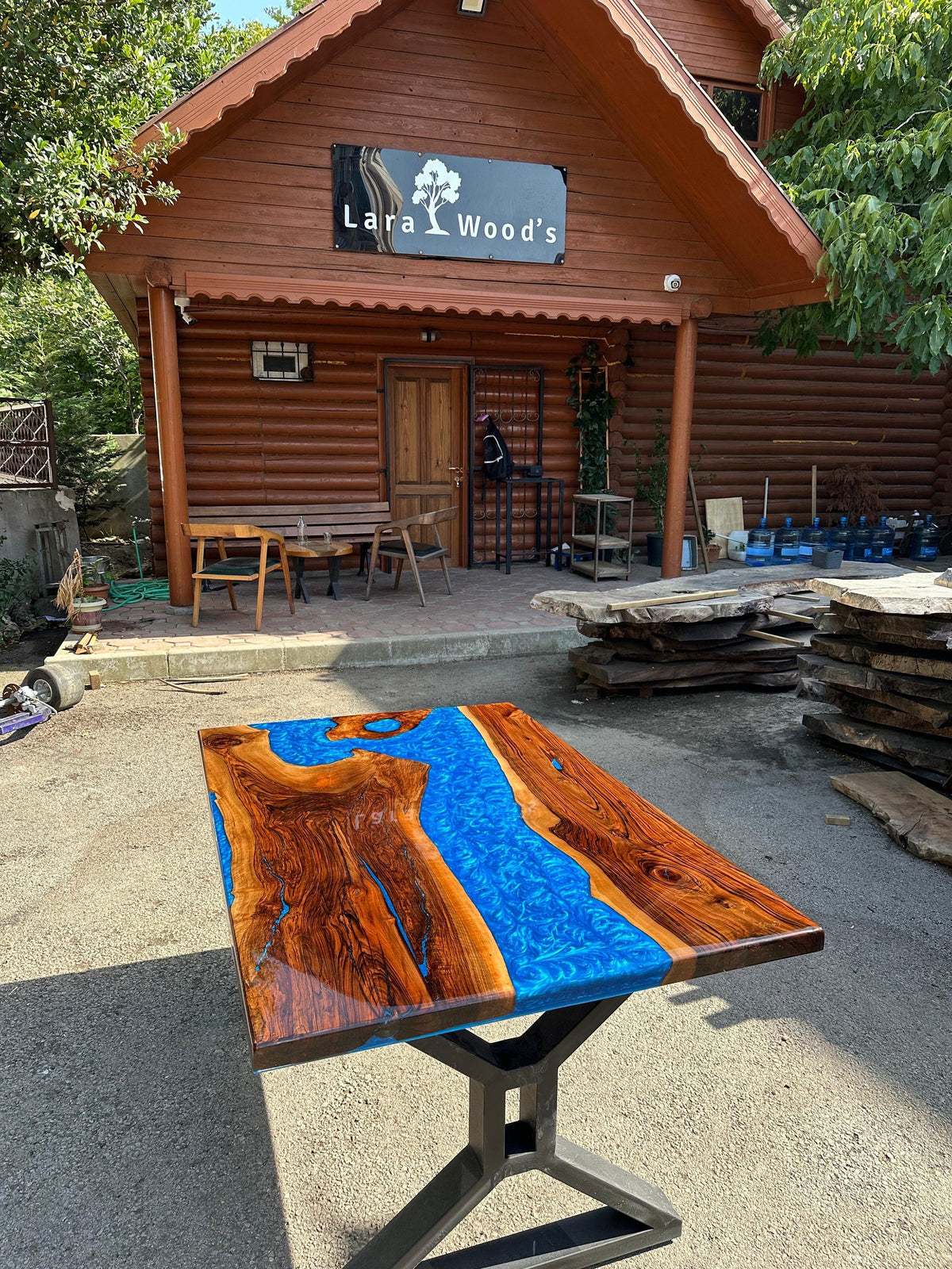 Handmade Epoxy Table, Custom 54” x 36” Walnut Shiny Metallic Blue Tabl ...