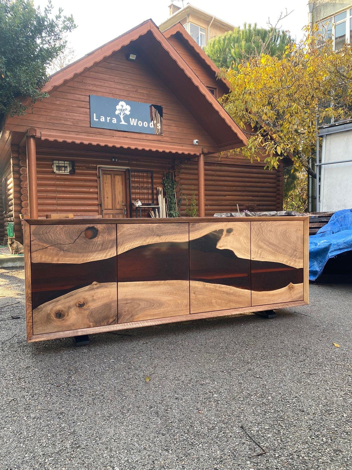 Black Epoxy Resin Credenza, Custom 80”L x 17”D x 30”H Walnut Credenza ...