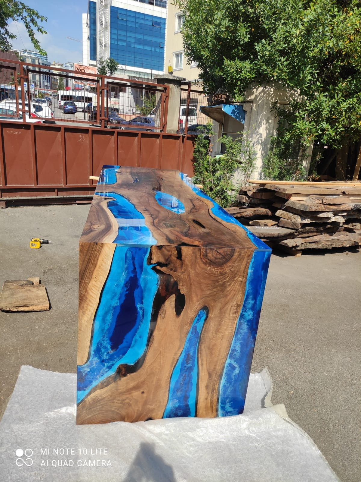 Custom 115” x 36” x 42” Walnut Ocean Blue, Turquoise White Waves Epoxy ...