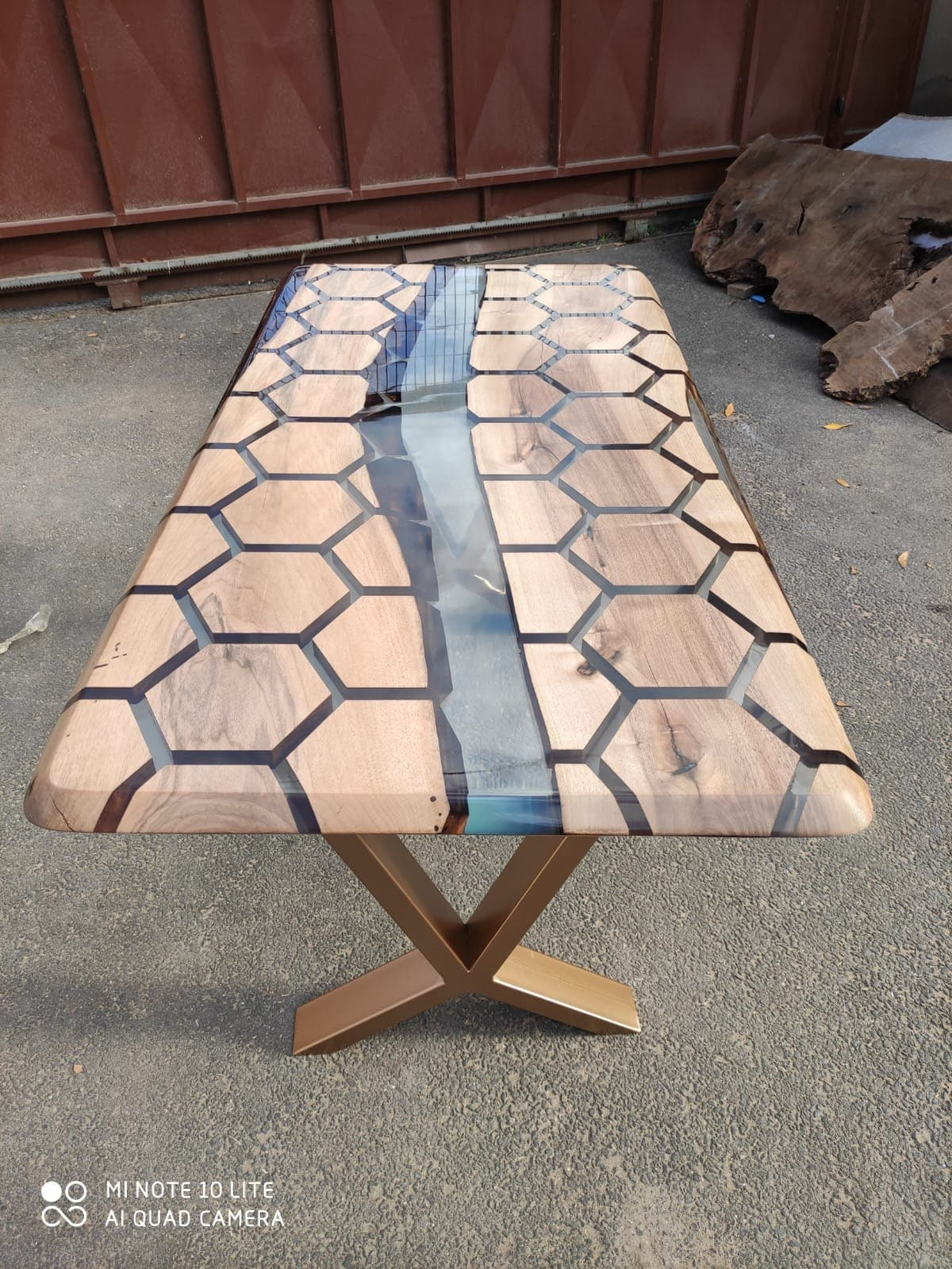 60” x 30” Walnut Clear Epoxy Table, Hexagon Honeycomb Table, Clear Res ...