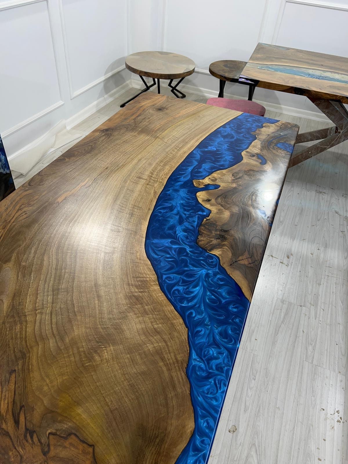 Epoxy Dining Table, Custom 84” x 36” Walnut Deep Blue and Turquoise Ta ...
